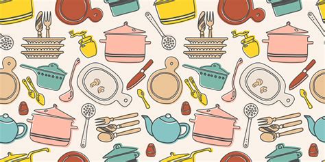 주방 용품과 원활한 패턴 장식 요리 배경에 대 한 벡터 일러스트 레이 션 주방용구에 대한 스톡 벡터 아트 및 기타 이미지 주방용구 요리하기 음식 준비 부엌 Istock