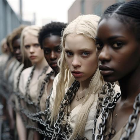 Beautiful Girls Hostages Captives Slaves In Shackles And Chains Work As