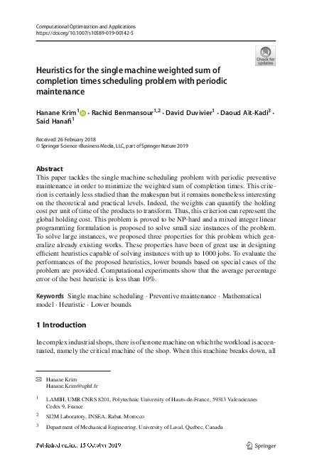 Pdf Heuristics For The Single Machine Weighted Sum Of Completion