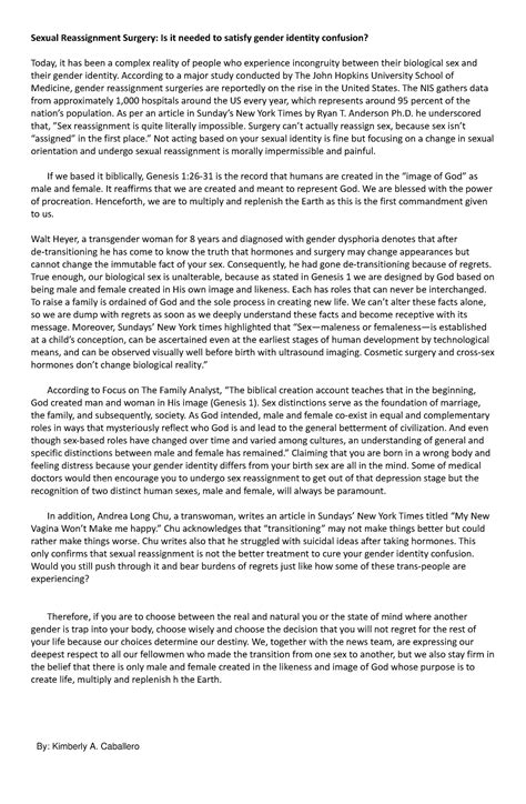 Editorial Essay About Sexual Reassignment Campus Journalism Sexual Reassignment Surgery Is