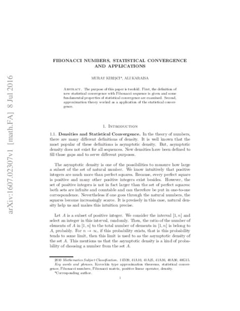 Pdf Fibonacci Numbers Statistical Convergence And Applications