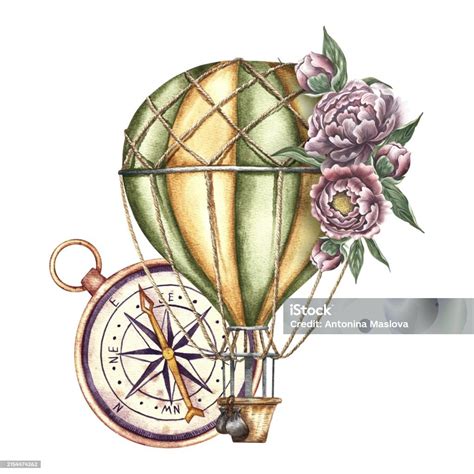 바구니와 나침반이 있는 빈티지 풍선과 꽃 손으로 그린 수채화 일러스트 열기구 여행 격리하십시오 아이콘 또는 로고의 경우 배너