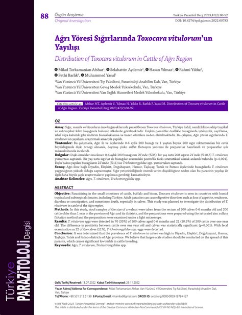 Pdf Distribution Of Toxocara Vitulorum In Cattle Of Ağrı Region