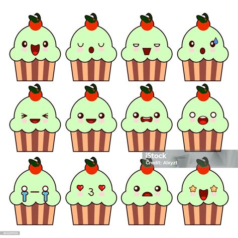 컵 케이크 귀여운 캐릭터 만화 귀여운 얼굴입니다 행복 한 스마트폰 만화 캐릭터 평면 디자인 벡터 일러스트 레이 션 개체 그룹에 대한 스톡 벡터 아트 및 기타 이미지 Istock