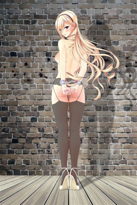 rule 34 arms behind back black thighhighs blonde hair blue eyes blush