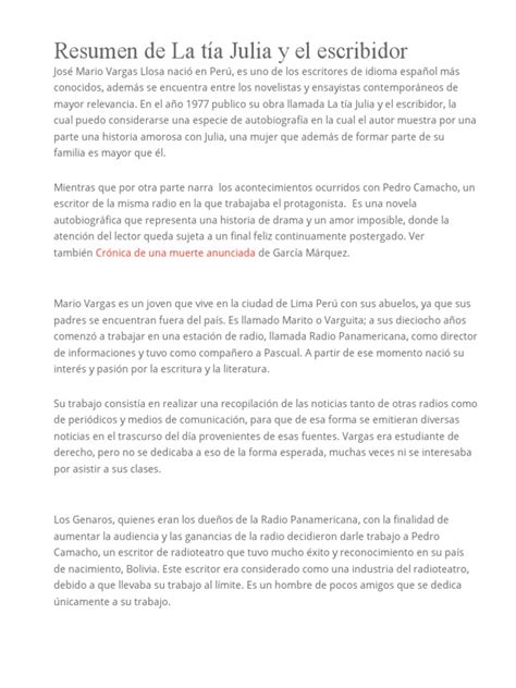 Resumen De La Tía Julia Y El Escribidor Pdf