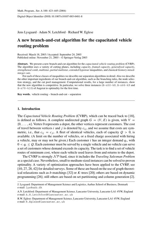Pdf A New Branch And Cut Algorithm For The Capacitated Vehicle Problem