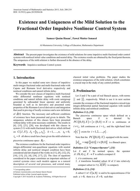 Pdf Existence And Uniqueness Of The Mild Solution To The Fractional Order Impulsive Nonlinear