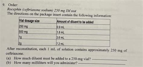 Solved 9 Order Rocephin Ceftriaxone Sodium 250mgim Stat