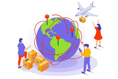 3d 등각 투영 설계의 운송 및 물류 개념입니다 사람들은 항공화물 수출입 서비스를 제공하는 글로벌 배송 회사에서 일합니다 웹 그래픽을 위한 등각측정 장면이 있는 벡터 그림