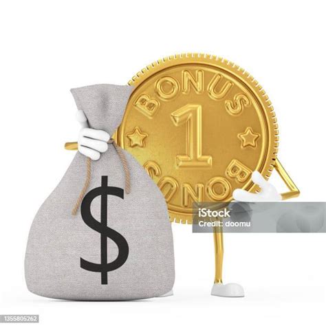 골든 로열티 프로그램 보너스 동전 사람 캐릭터 마스코트 묶여 소박한 캔버스 리넨 돈 자루 또는 달러 기호와 돈 가방 3d 렌더링 가득 찬에 대한 스톡 사진 및 기타 이미지