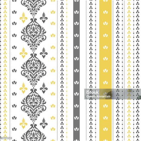 장식 용 줄무늬가있는 노란색 검은 색 및 흰색 꽃무늬 매끄러운 패턴 전통적인 동양 모티브 벡터 장식 템플릿입니다 장식 페이즐리