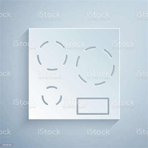 종이 는 회색 배경에 격리 된 전기 스토브 아이콘을 잘라 쿡탑 기호 4 개의 원 버너와 호브 종이 아트 스타일 벡터 일러스트레이션 3차원 형태에 대한 스톡 벡터 아트 및