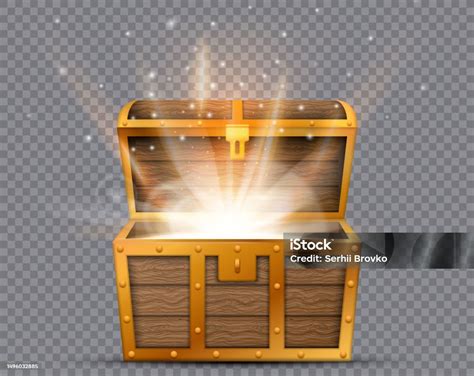현실적인 열린 상자 내부에 황금빛이 빛나는 빈티지 오래된 보물 나무 상자 벡터 그림입니다 보석함에 대한 스톡 벡터 아트 및 기타