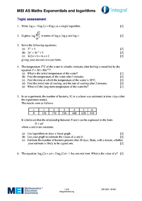 541837702 Exponentials Asses Ment Mei As Maths Exponentials And Logarithms 1 Of 2 28 10 20