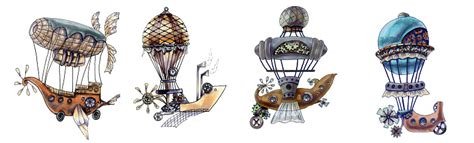 수채화 그림은 환상적인 비행선입니다 스팀 펑크 스타일의 비행 자동차의 일러스트를 설정합니다 손으로 그린 흰색 배경에 고립 된 19 세기의 항공 수송의 컬렉션 소형 항공선에