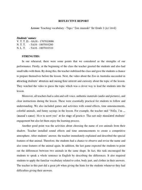 Reflective Report Sample Pdf Teachers Second Language