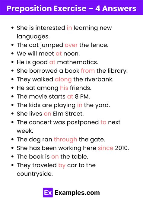 50 Preposition Excercise Examples