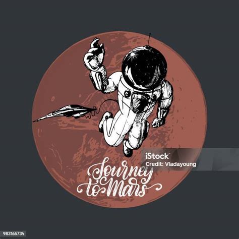 여행 화성 필기 구입니다 붉은 행성 배경 우주 비행사와 우주 왕복선의 벡터 그림을 그려 검은색에 대한 스톡 벡터 아트 및 기타 이미지 검은색 계획 고풍스런 Istock