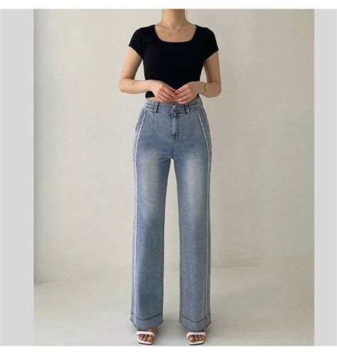 밴딩 와이드핏 배색 통 청바지 데님 팬츠 코디 티몬