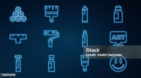 세트 라인 미소 얼굴 텍스트 아트와 음성 거품 페인트 스프레이 캔 롤러 브러시 마커 펜 부착 및 아이콘 벡터 Brand Name Online Messaging