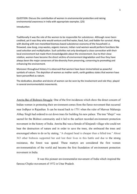 Evs Assignment QUESTION Discuss The Contribution Of Women In Environmental Protection And