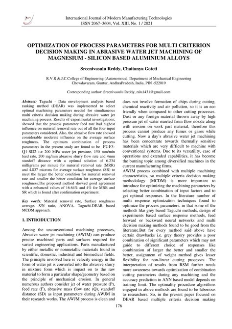 Pdf Optimization Of Process Parameters For Multi Criterion Decision Making In Abrasive Water