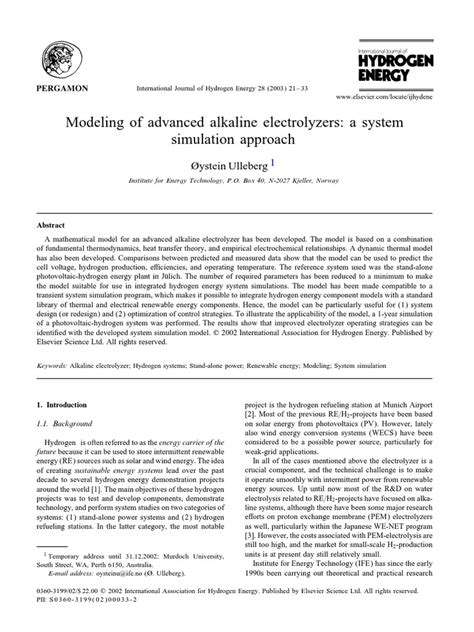 Modeling Of Advanced Alkaline Electrolyzers A System Simulation Approach Pdf Battery
