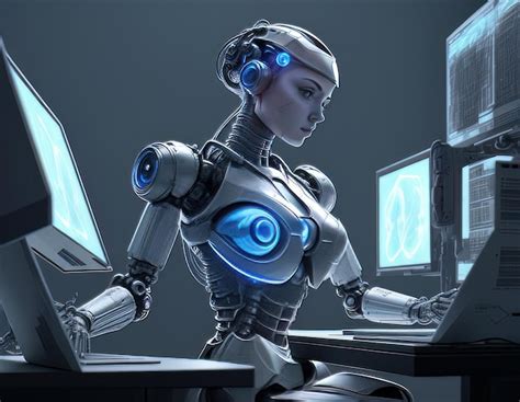 Premium Photo Ai At Work Futuristic Robot Woman Cyberwoman Typing In Neonlit Room On Computer