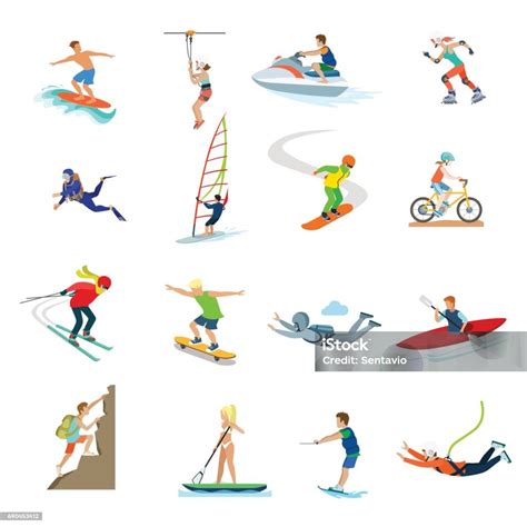 플랫 액티브 젊은 사람들 항해 수영 다이빙 자전거를 타고 롤러 스케이트 암벽 등반 낙하산 벡터 일러스트 레이 션 세트와 함께 점프 극단적 인 스포츠 및 활동 개념입니다