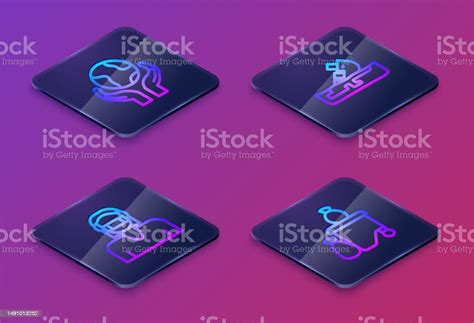 아이소메트릭 라인 세트 지구 지구본 안면 보호 마스크 난파된 유조선 및 전체 쓰레기통을 들고 있는 손 파란색 사각형 버튼입니다