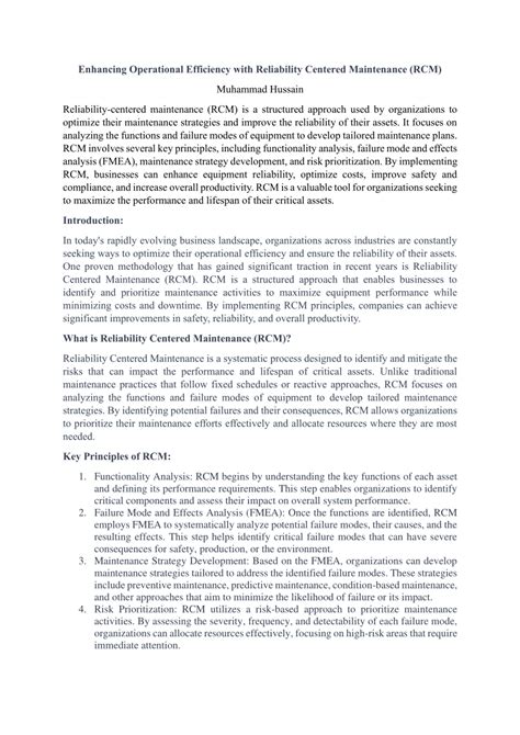 Pdf Enhancing Operational Efficiency With Reliability Centered Maintenance Rcm