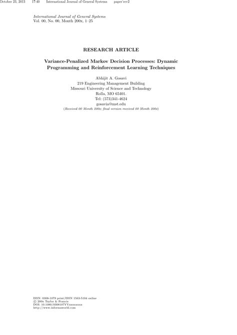 Pdf Variance Penalized Markov Decision Processes Dynamic Programming