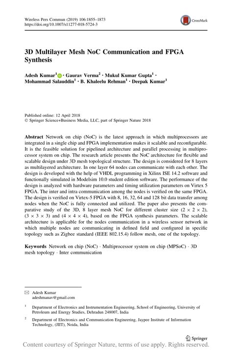 3d Multilayer Mesh Noc Communication And Fpga Synthesis Request Pdf