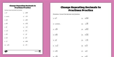 Repeating Decimals To Fractions Worksheet Practice Converting Decimal