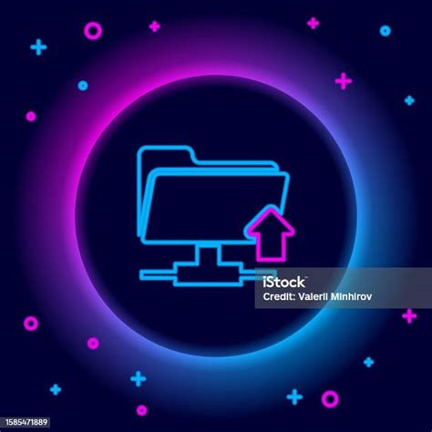 빛나는 네온 라인 Ftp 폴더는 검은 색 배경에 격리 된 아이콘을 업로드합니다 소프트웨어 업데이트 전송 프로토콜 라우터 팀워크 도구 관리 복사 프로세스 다채로운 개요 개념