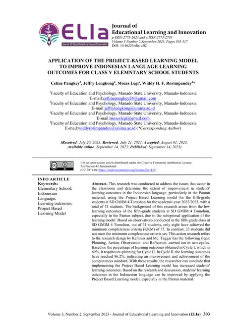 Pdf Application Of The Project Based Learning Model To Improve