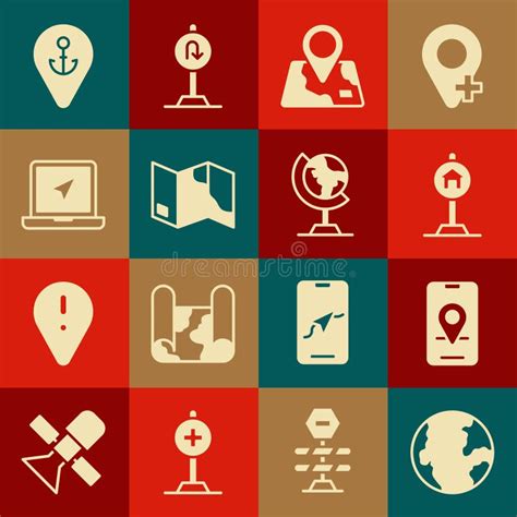 Set Earth Globe City Map Navigation Hotel Sign For Traffic Folded With Location Marker