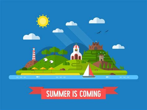 푸른 언덕 해변 교회 공장 요새 등대 항해 보트가 있는 목가적인 여행 섬 풍경 평면 디자인에 여름 휴가 배경 여름이 오고 있다 개념 벡터 일러스트 레이 션
