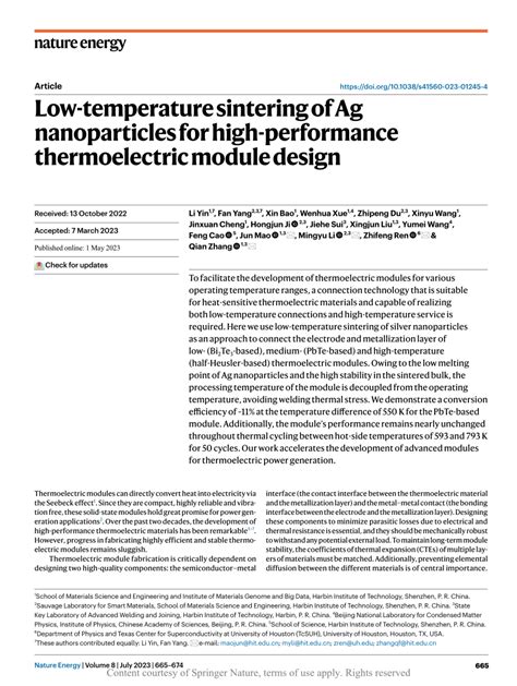 Low Temperature Sintering Of Ag Nanoparticles For High Performance Thermoelectric Module Design