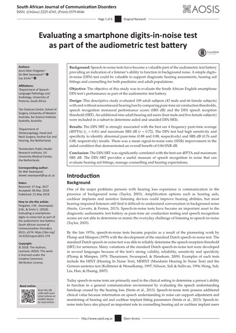 Pdf Evaluating A Smartphone Digits In Noise Test As Part Of The Audiometric Test Battery