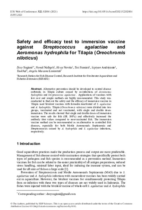 Pdf Safety And Efficacy Test To Immersion Vaccine Against Streptococcus Agalactiae And