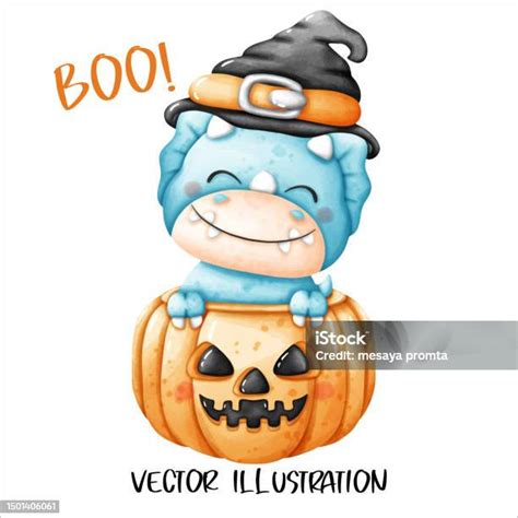 공룡 호박 할로윈 요소 수채화 벡터 파일 클립 아트 귀여운 만화 스타일 배너 포스터 카드 티셔츠 스티커 T 셔츠에 대한 스톡 벡터 아트 및 기타 이미지 Istock