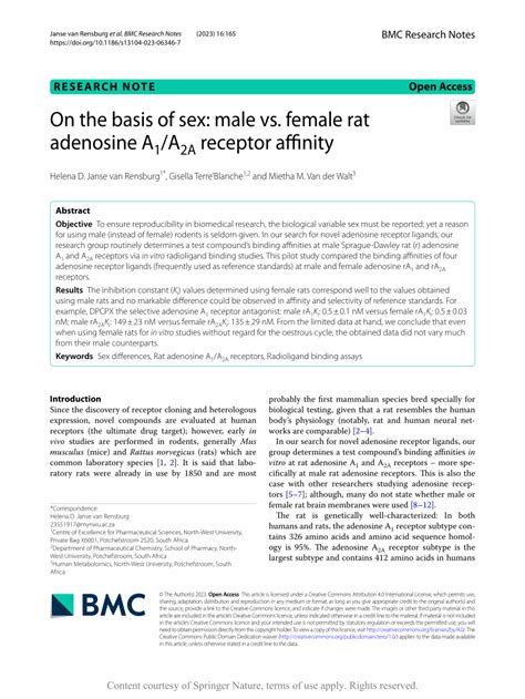 Pdf On The Basis Of Sex Male Vs Female Rat Adenosine A1a2a