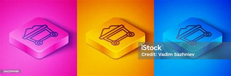 아이소 메트릭 라인 광산 카트 분홍색과 주황색 파란색 배경에 고립 된 금색 아이콘 사각형 버튼 벡터 3차원 형태에 대한 스톡 벡터 아트 및 기타 이미지 Istock