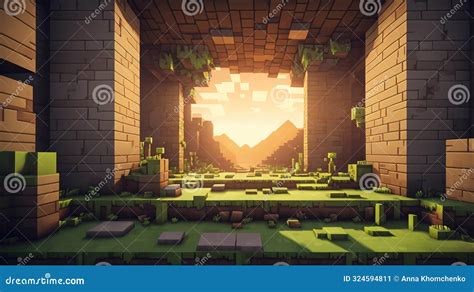 Nature Pixel Landscape Video Game User Interface In Minecraft Style 8 Bit Background Stock