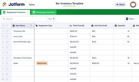 Bar Inventory Template Jotform Tables