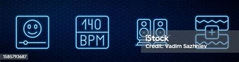 라인 스테레오 스피커 음악 플레이어 비트 전송률 및 웨이브 이퀄라이저를 설정합니다 벽돌 벽에 빛나는 네온 아이콘 벡터 Live Event에 대한 스톡 벡터 아트 및 기타