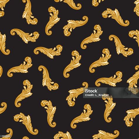 골든 바로크는 검은 색 배경에 매끄러운 패턴을 스크롤합니다 유행 실크 섬유 인쇄 바틱 패션 장식품 벽지 포장지 0명에 대한 스톡 벡터 아트 및 기타 이미지 Istock