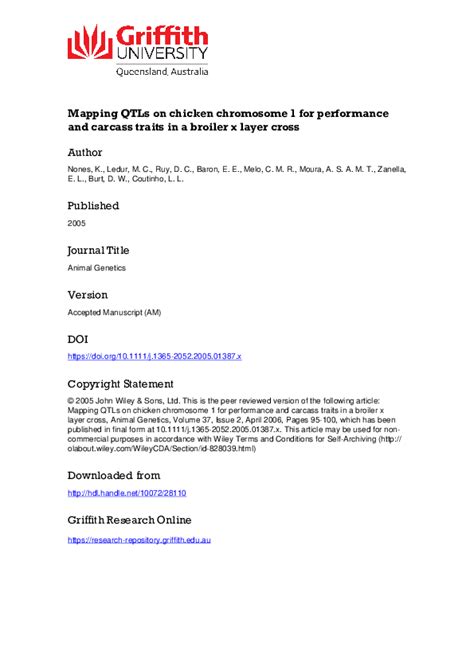Pdf Mapping Qtls On Chicken Chromosome 1 For Performance And Carcass